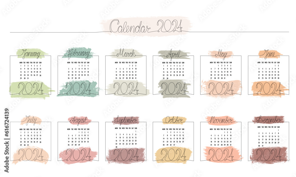 2024 year hand draw month calendar with brush strokes pastel colours ...