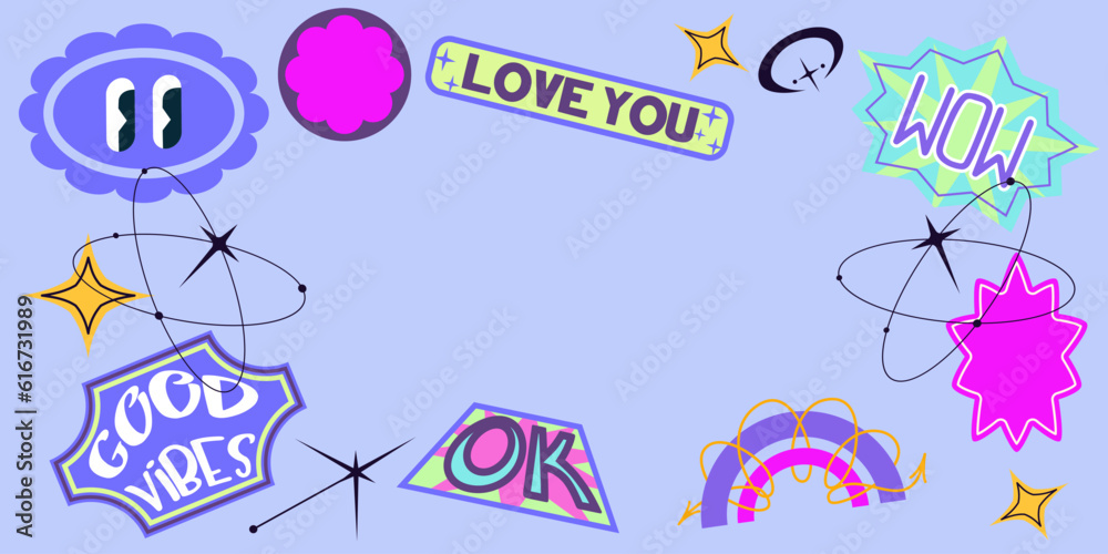 Y2K template background with stickers. 90s retro design with stickers ...