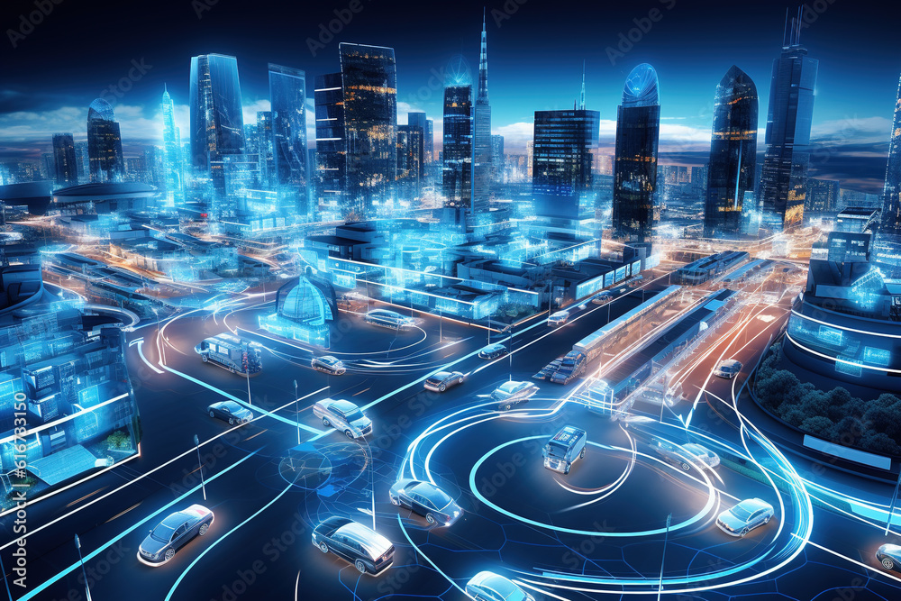 roads in a futuristic city with autonomous vehicles, tracking system ...