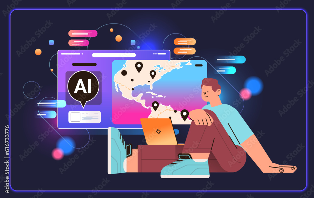 man traveler planning travel on world map in computer app with ai ...