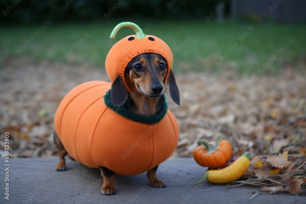 Dachshund in a pumpkin costume for Halloween outside on the sidewalk ...