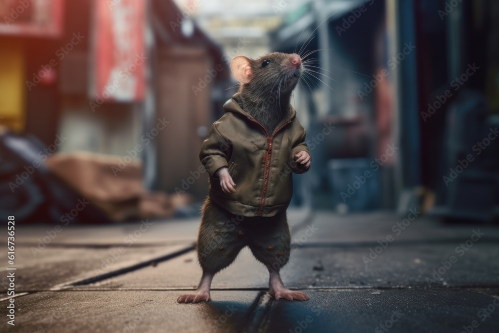 Rat standing on his feet on street in rainy day and tells a story ...