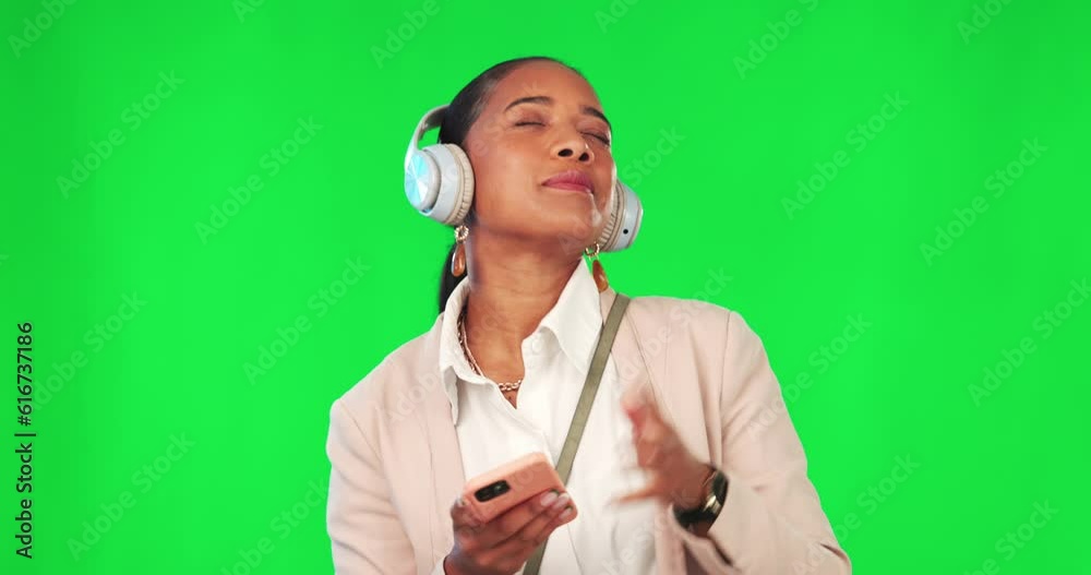 Dance, green screen and woman with headphones and cellphone for music ...