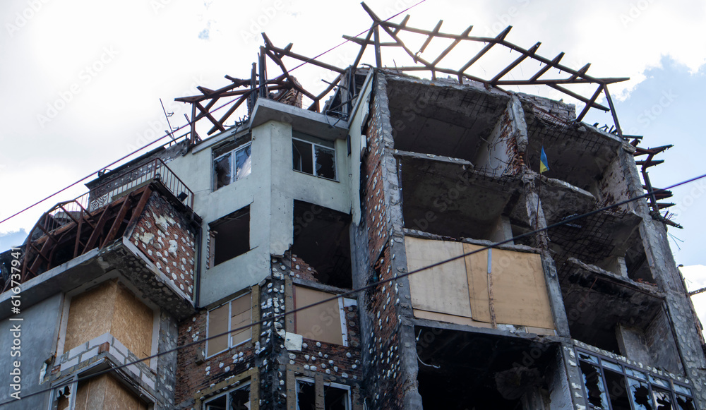 Residential high-rise building after a strong fire. Apartments and ...