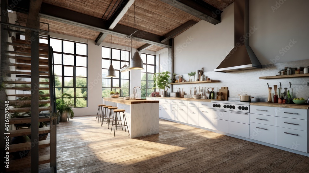 Spacious loft style kitchen with dining area. White facades, open ...