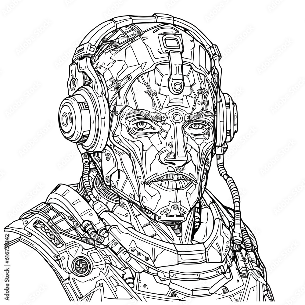 sketch of robot cyborg soldier in mandala design Stock Illustration ...