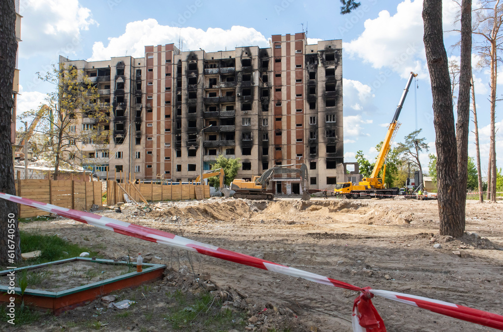 Demolition of a high-rise building. The collapse of a residential ...