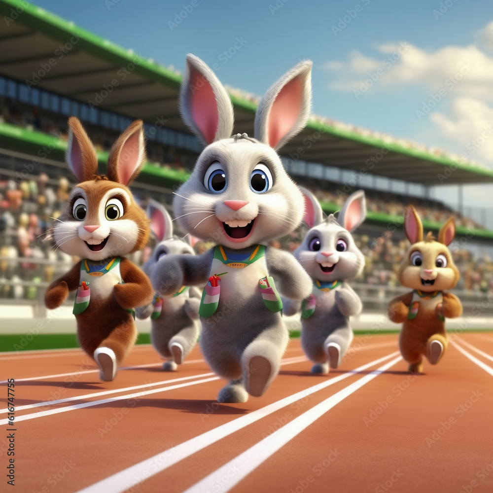 Rabbit running on the track. 3D illustration. Cartoon style. (Ai ...