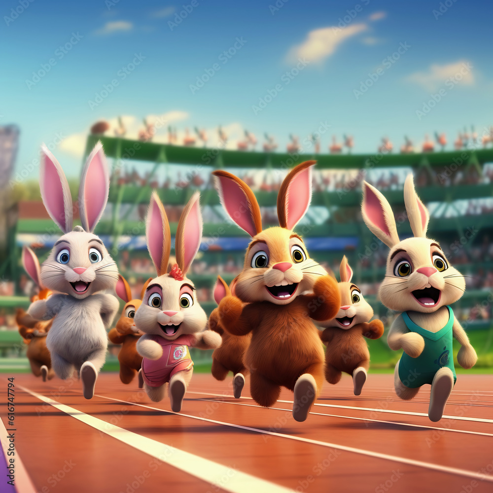 Rabbit running on the track. 3D illustration. Cartoon style. (Ai ...