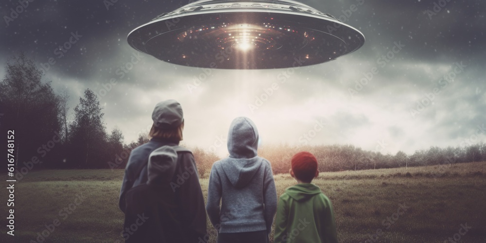 Rear view of paranoid family wearing tinfoil hats and looking at ufo in ...