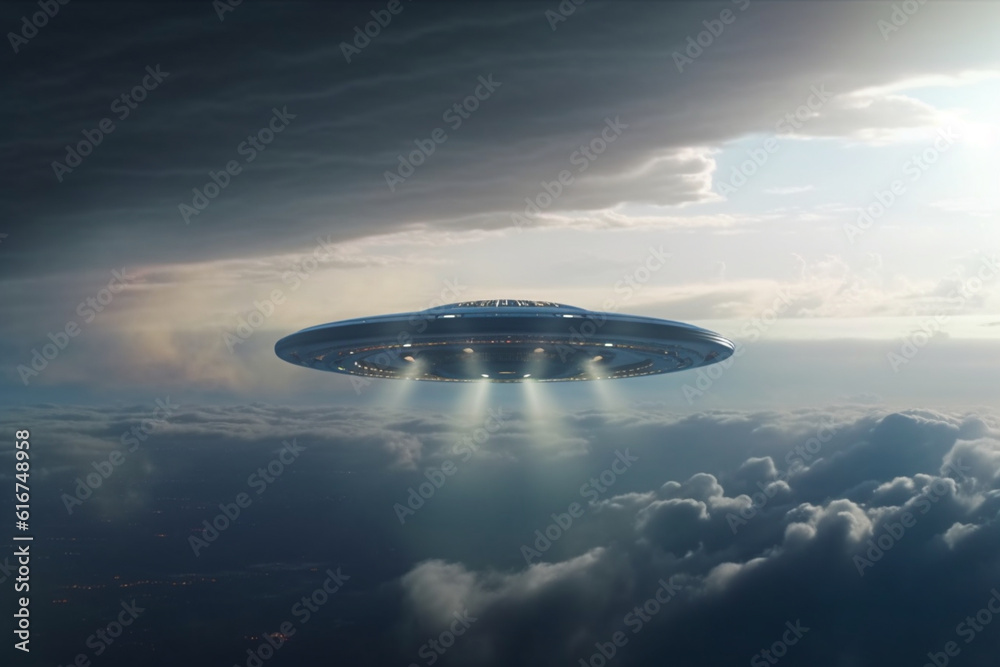 Enigmatic flight, Alien UFO saucer traverses cloud-filled sky above ...