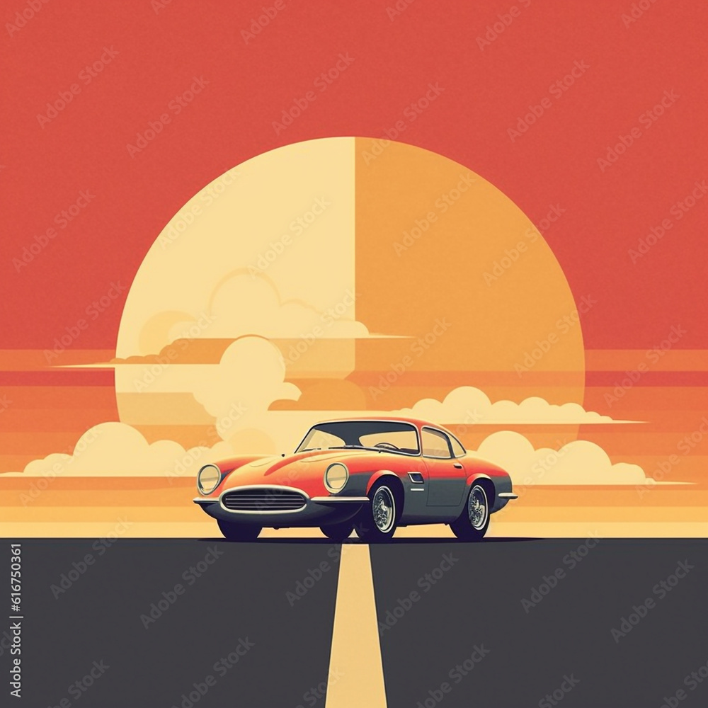 Retro car poster on the road with a red and golden sunset as background ...