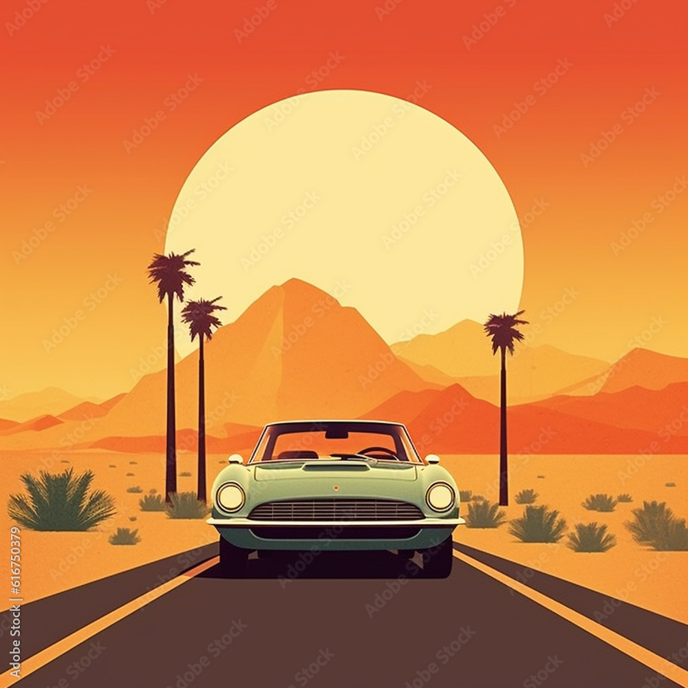 Retro car poster on the road with a red and golden sunset as background ...