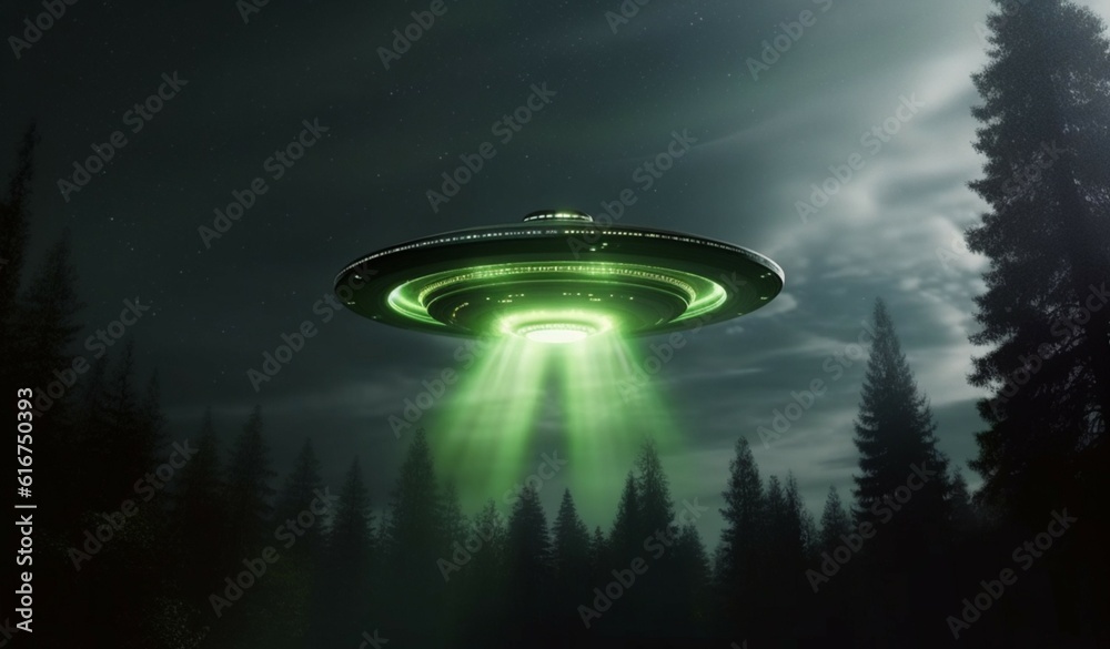 UFO phenomenon, Spaceship in night sky, green alien by forest witnesses ...