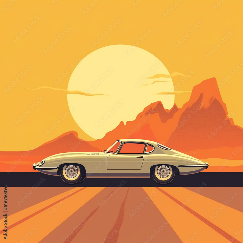 Retro car poster on the road with a red and golden sunset as background ...