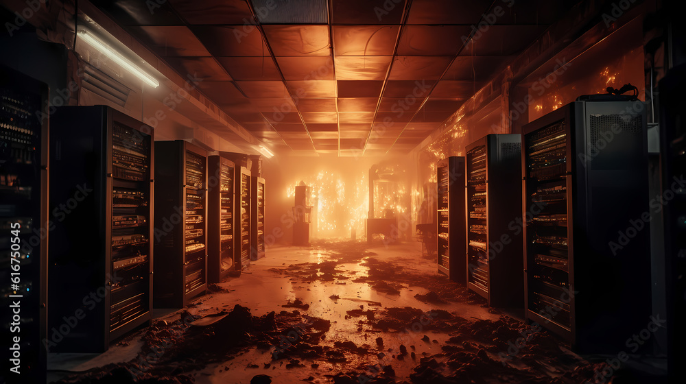 Server room Burning. Data center and supercomputer technology in fire ...