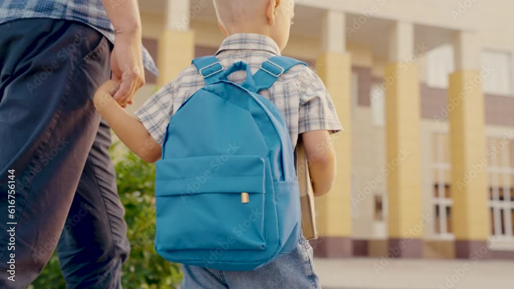 Happy family, father, child go to school together. Child Schoolboy ...
