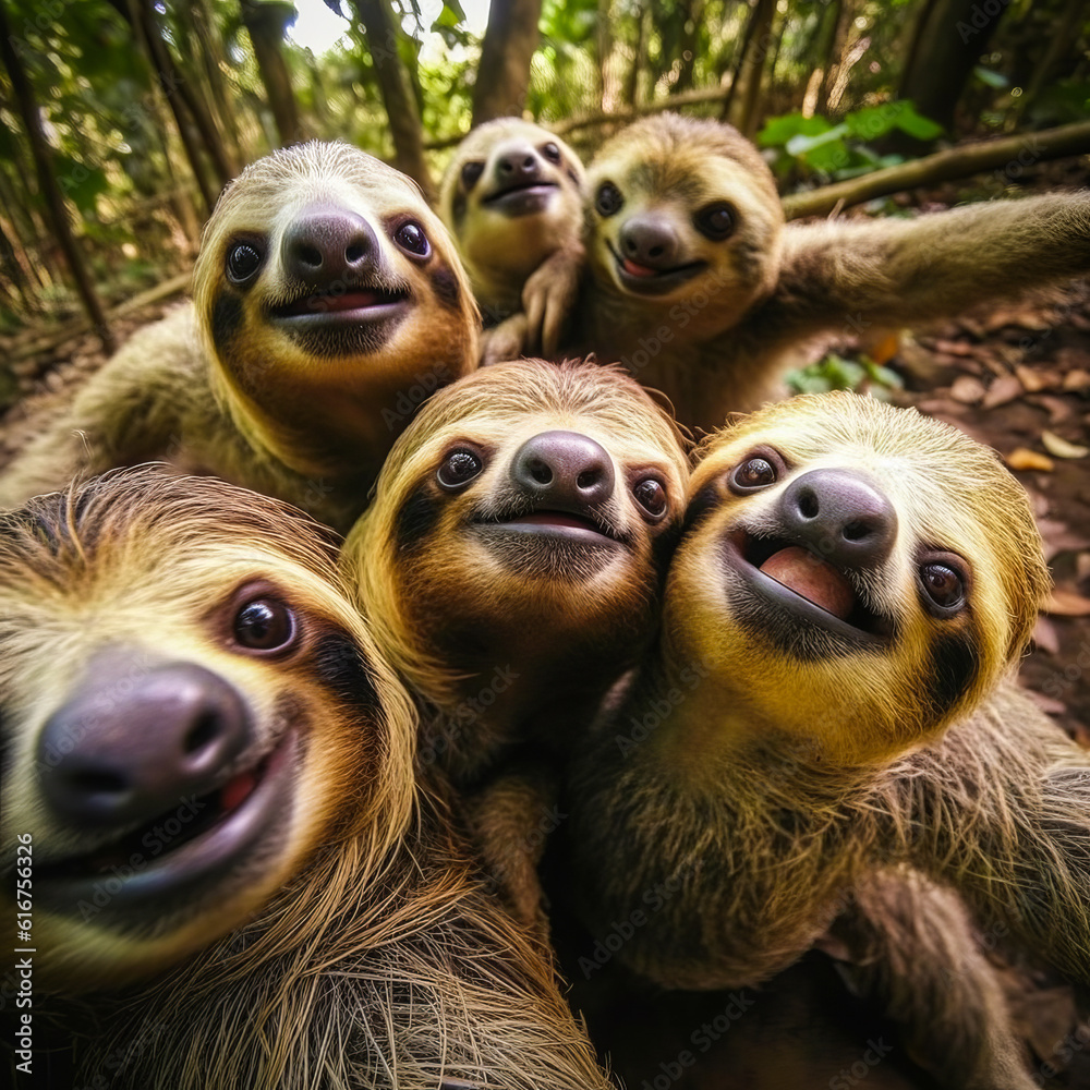Captivating selfie of adorable, cuddly sloths in a group from above ...
