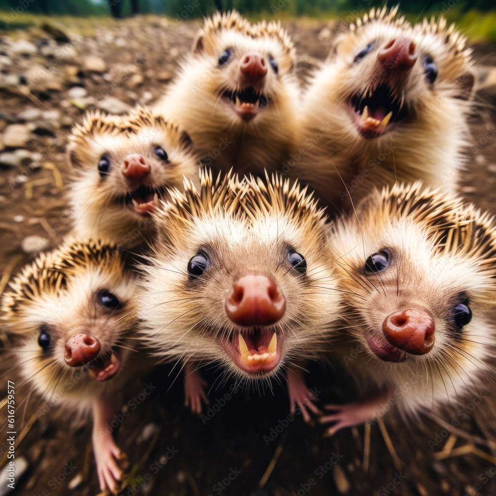 Captivating group of cheerful hedgehogs taking a selfie from above ...