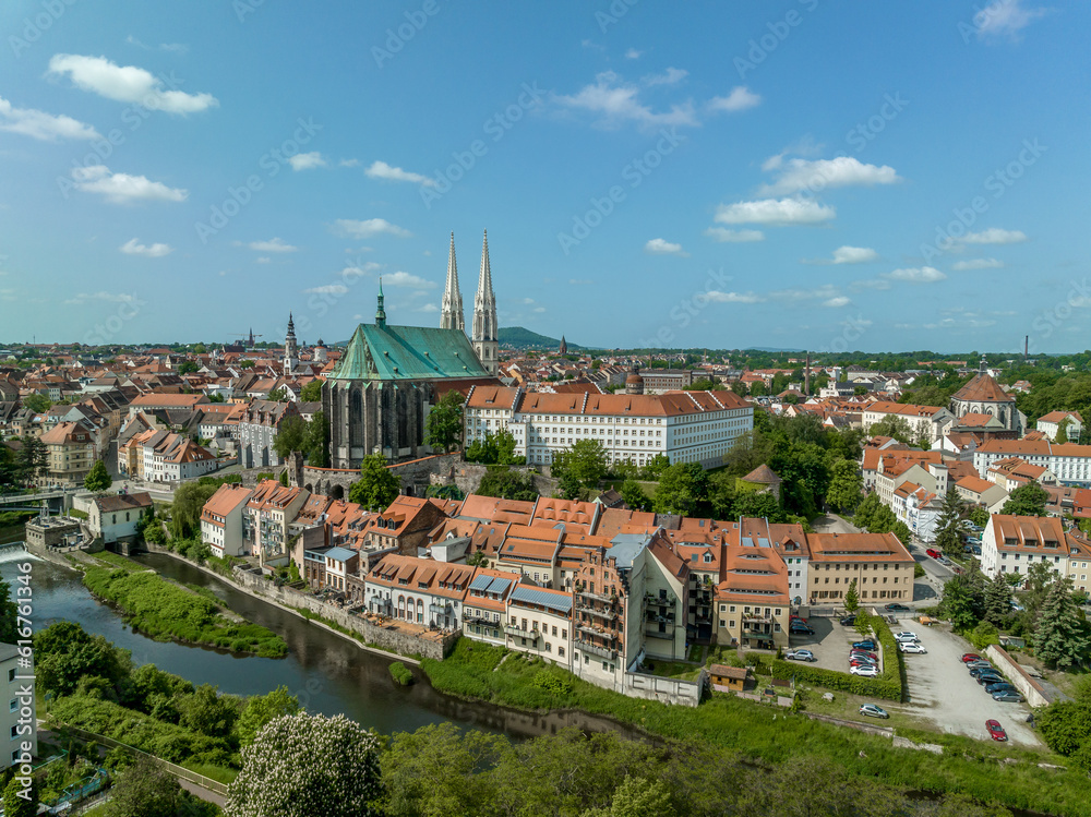 Aerial view of Gorlitz German-Polish border town separated by the ...