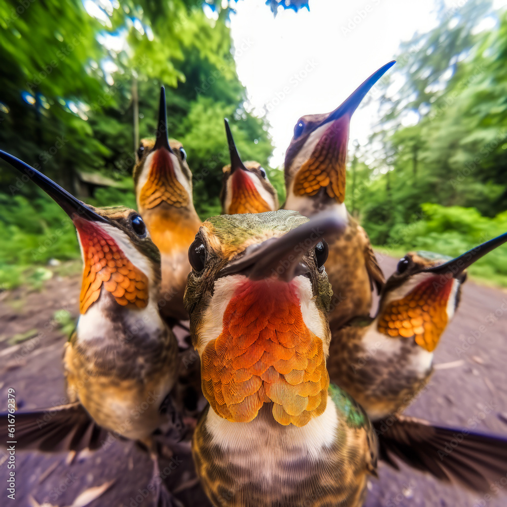 Captivating selfie of energetic hummingbirds from above, evoking fun ...