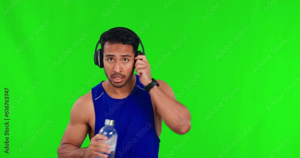 Face, green screen and Asian man running, headphones and fitness ...