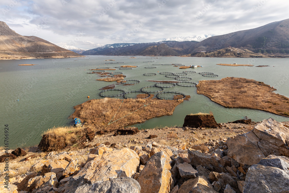 Ladscape of floating islands and fish farm on Cat lake, Adiyaman ...