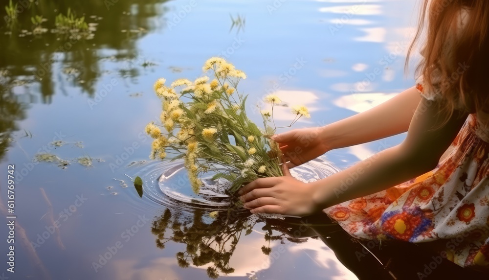 girl near river and holding flower wreath, abstract natural background ...
