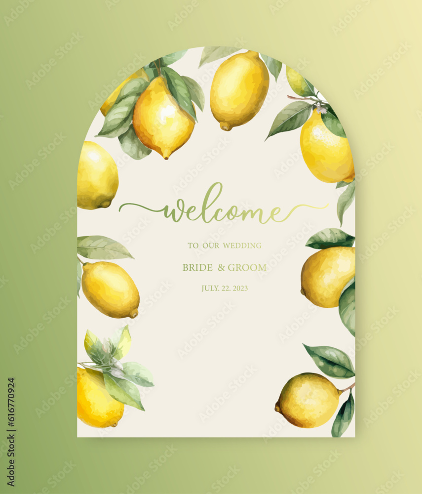 Welcome arch calligraphy card background with watercolor lemons ...