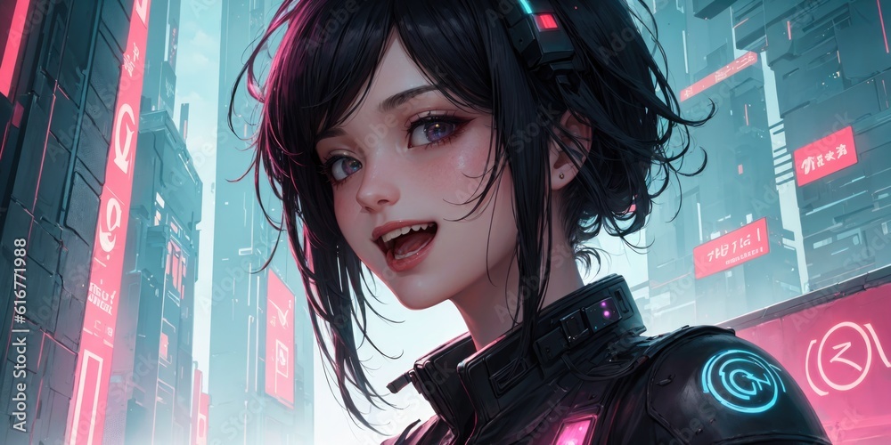 Futuristic Cyberpunk Anime Girl in Neon Cityscape Stock Illustration ...