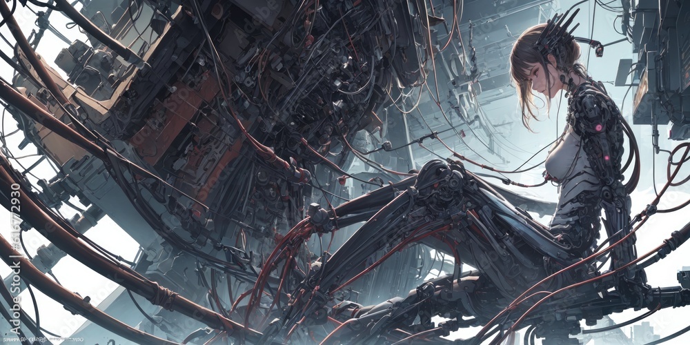 Birth of a Cyberpunk Cyborg: Anime Girl in Moody Sci-Fi Setting Stock ...