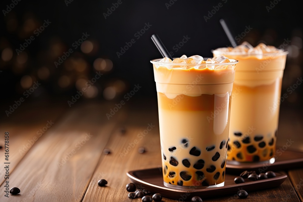 Generative AI illustration of plastic cups of boba milk tea, with ...