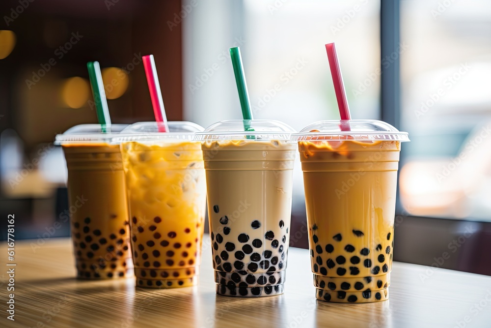 Generative AI illustration of plastic cups of boba milk tea, with ...