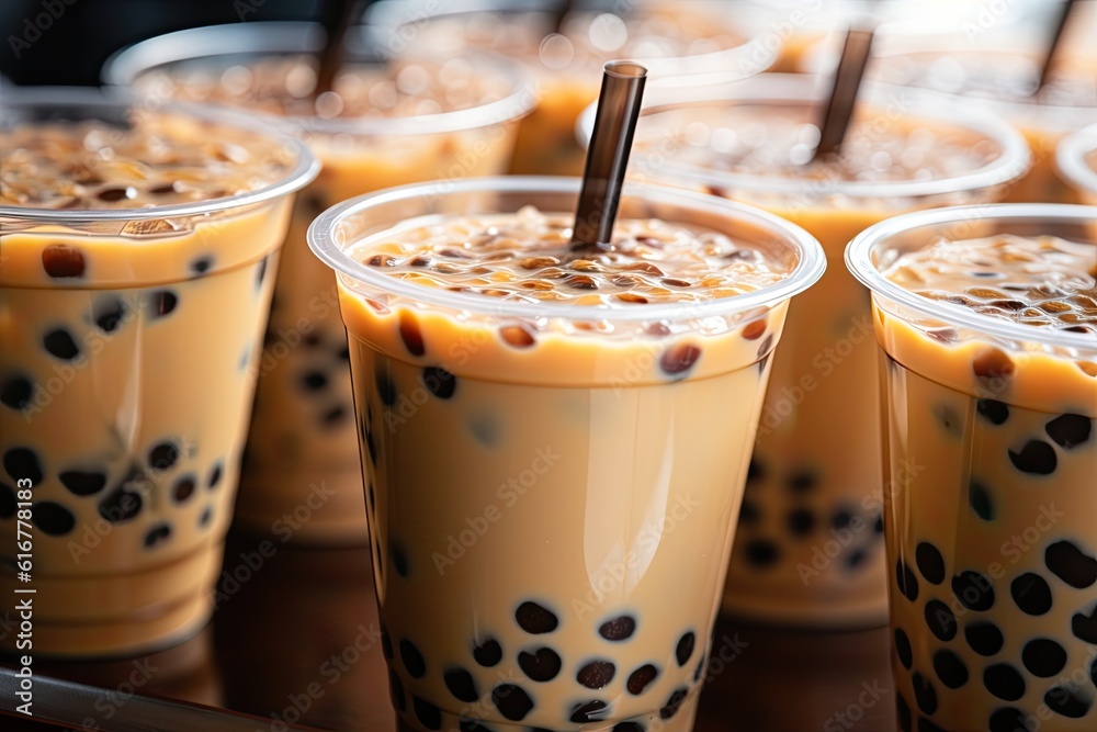 Generative AI illustration of plastic cups of boba milk tea, with ...