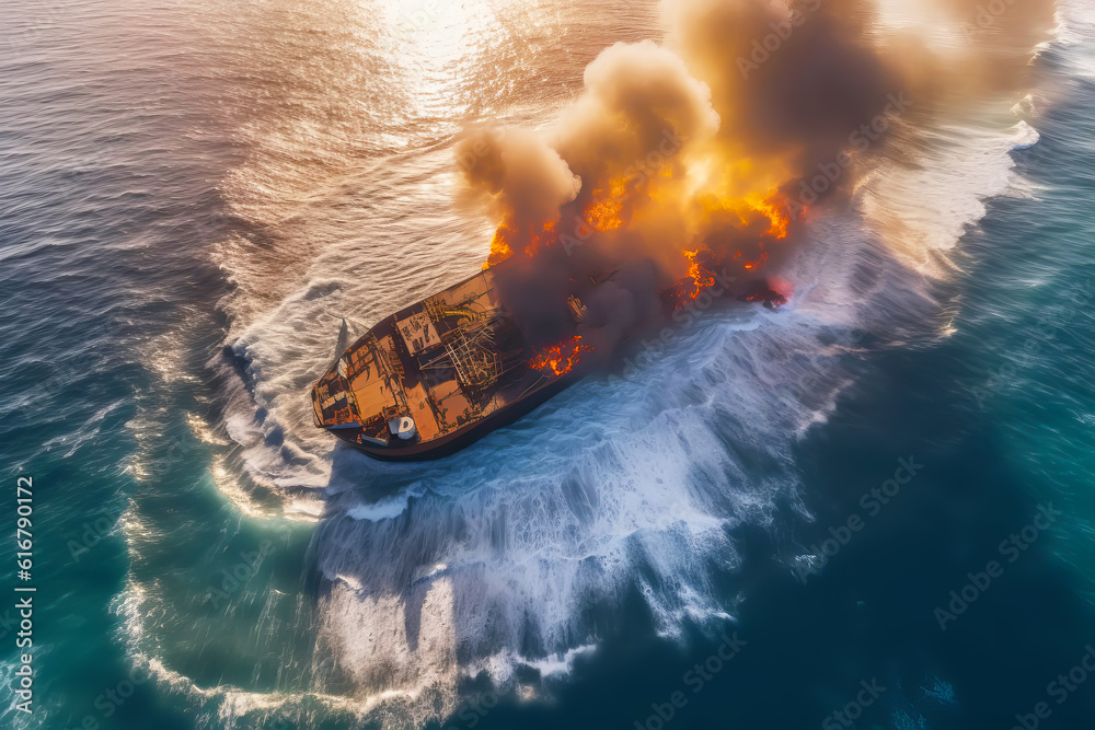 Aerial view of Cargo ship explosion with fire and smoke. Generative AI ...