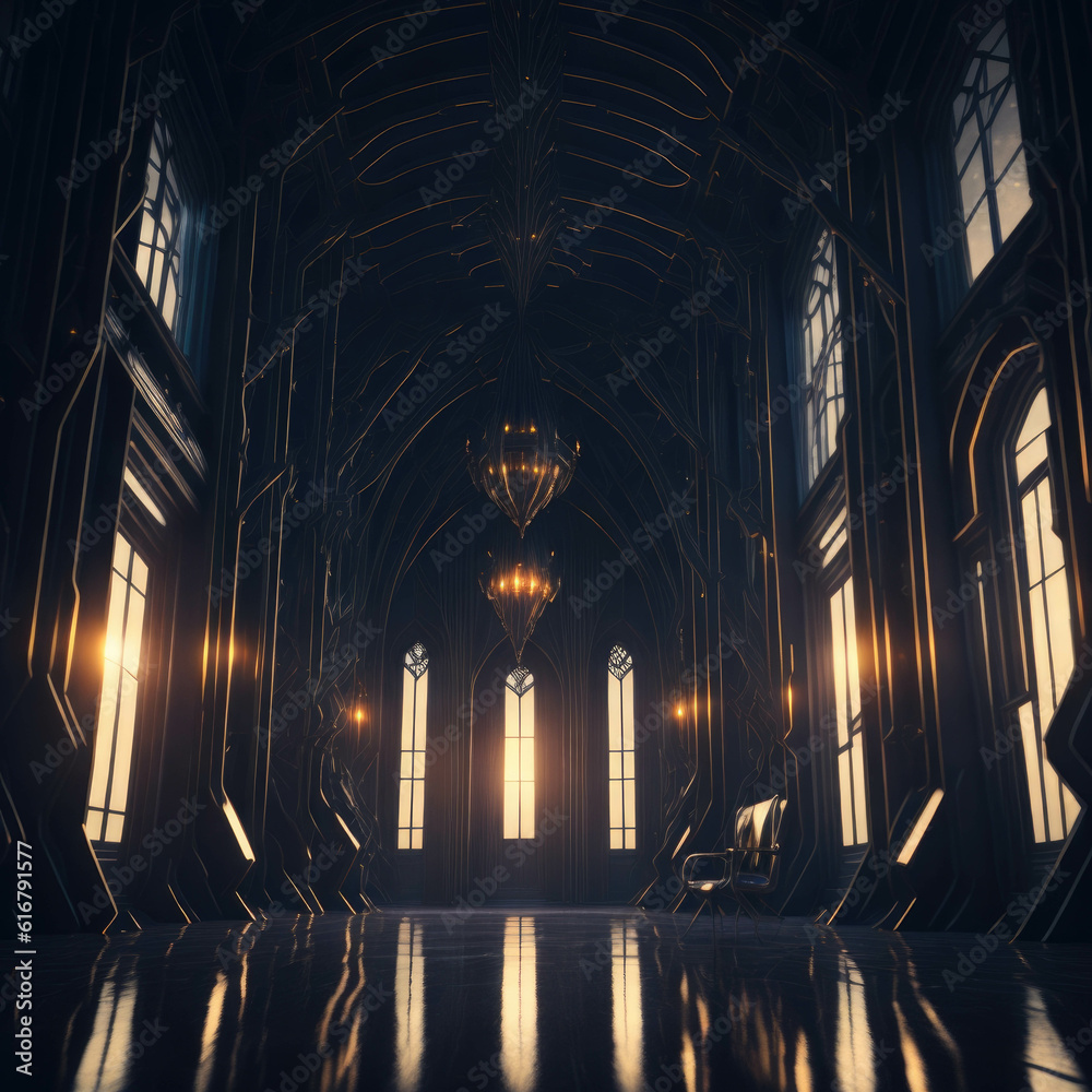 Futuristic Alien Mothership Hall, Flying Castle, Throne Room Interior ...