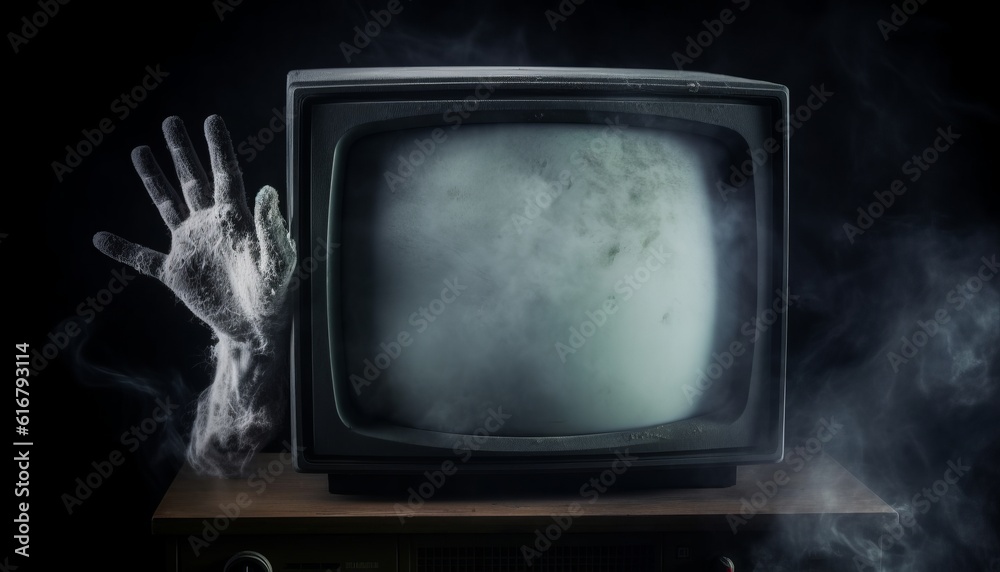 Horror photo of an old black scary haunted tv set with ghost hand on a ...