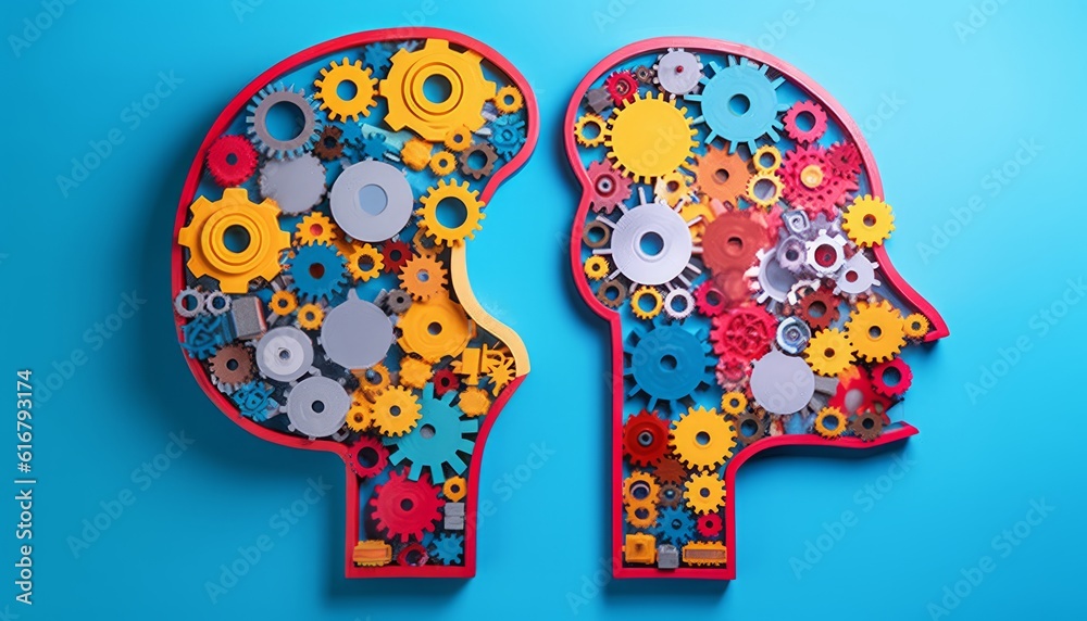 Human brain is made gear mechanism and colourful shapes on blue ...