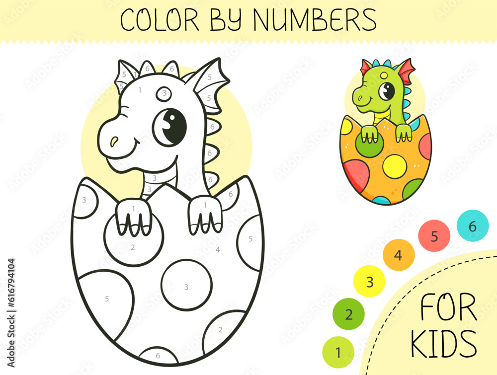 Color by numbers coloring page for kids with cute dragon in the egg ...