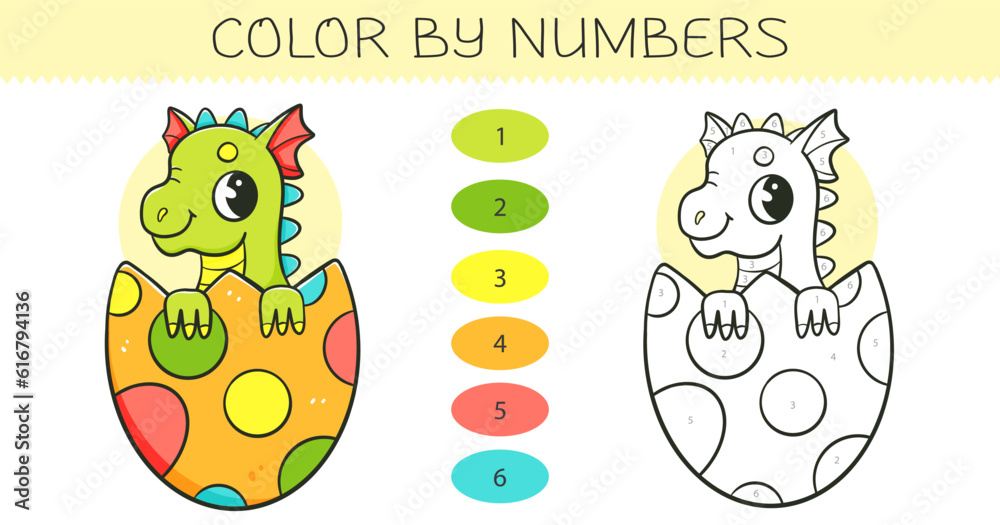 Color by numbers coloring book for kids with cute dragon in the egg ...