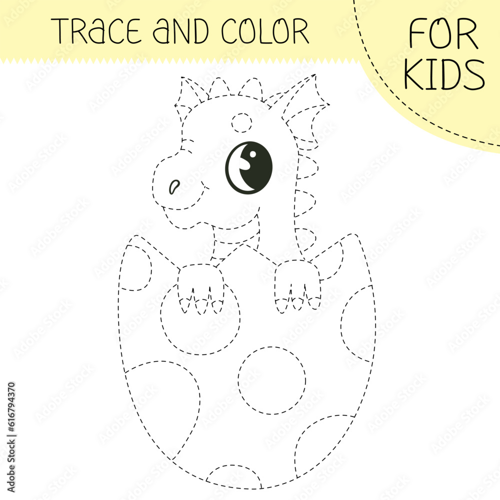 Trace and color coloring book with dragon in the egg for kids. Coloring ...