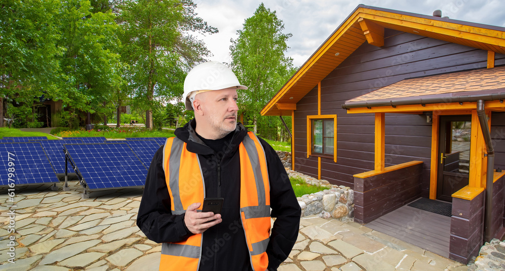 Solar panel installer. Man near country house. Cottage with mini power ...