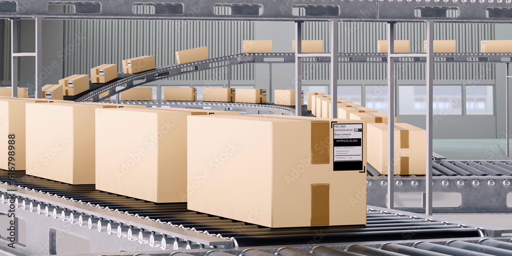 Industrial conveyor. Boxes on production line. Autonomous factory ...