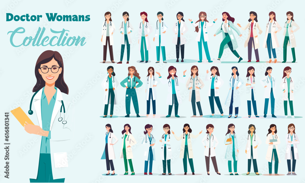 Young beautiful vector doctor woman figures collection. Set of vector ...
