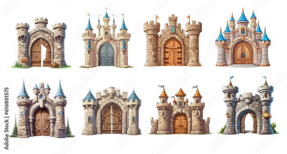 Cartoon stone castle gate with big wooden gate isolated on white ...