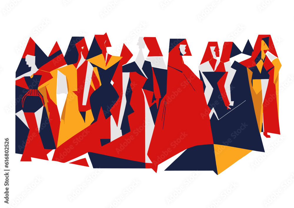 A vintage crowd of people in abstractionism style art, cubism, wall art ...