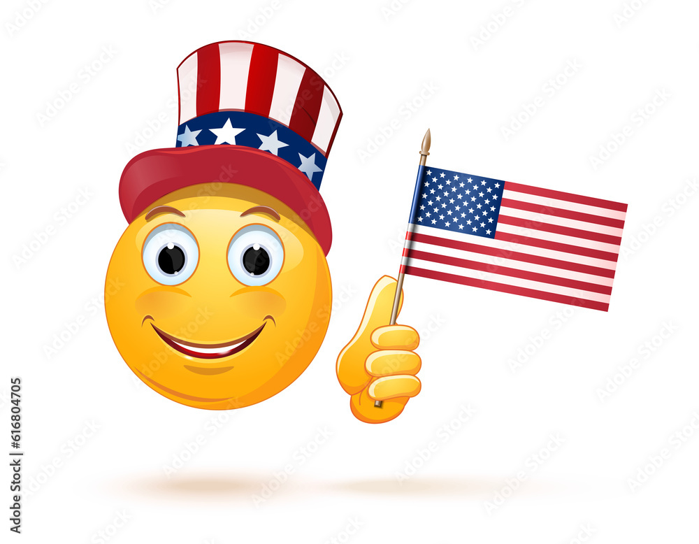 Funny emoji celebrates US Independence Day. Glad emoticon face in Uncle ...