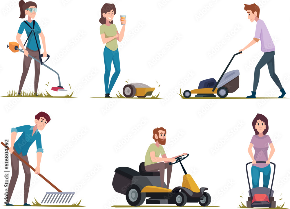 Grass care. Male and female characters cutting green grass with lawn ...