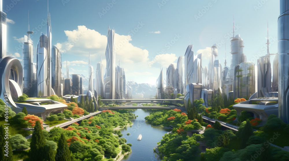 Futuristic city. Utopia in daylight. Modern skyscrapers with plant elements. Stock Illustration ...