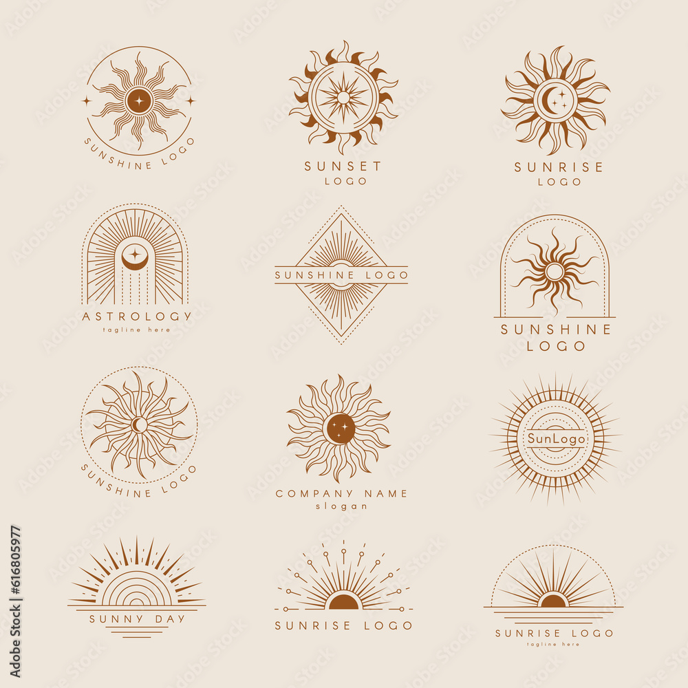 Sun logo. Badges or emblems with starburst linear trendy style recent ...